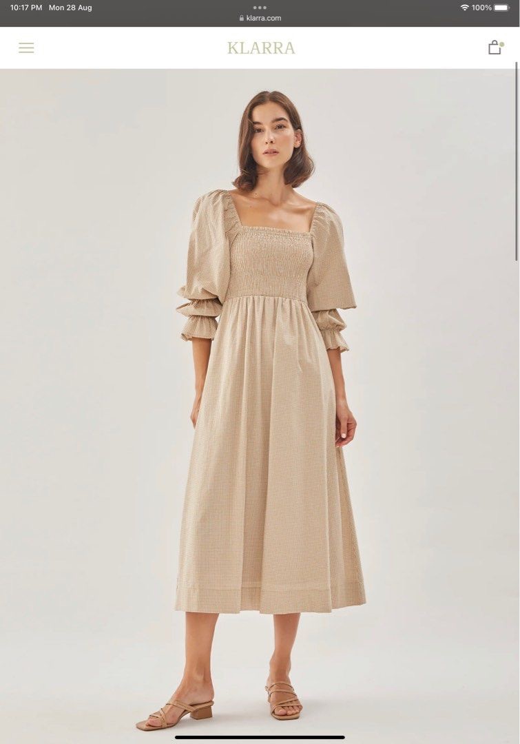 Klarra Cotton Shirred Dress in Checkered Sand, Women's Fashion, Dresses ...