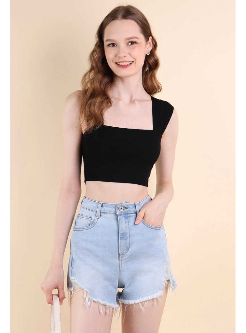 Neonmello black cropped top (padded) FREE NORMAL MAIL, Women's Fashion ...