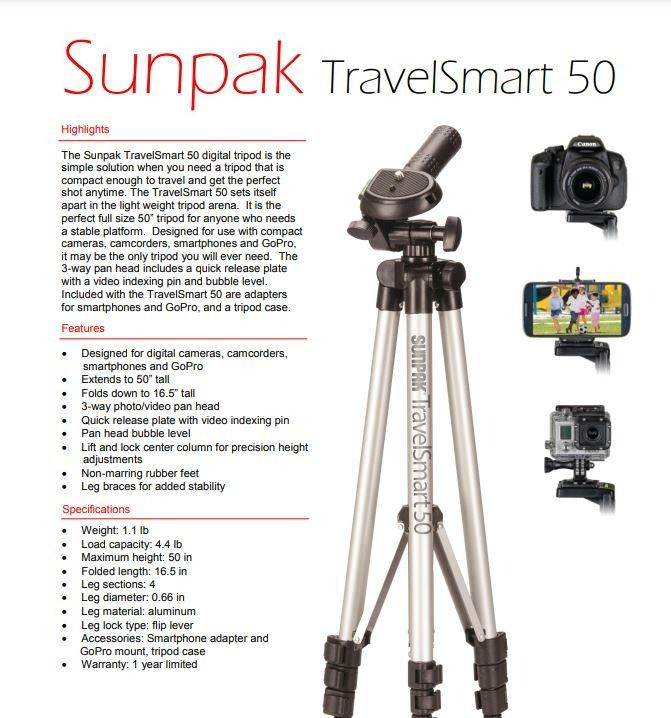 Sunpak Tripod - TravelSmart 50 (Silver), Photography, Photography Accessories, Tripods ...