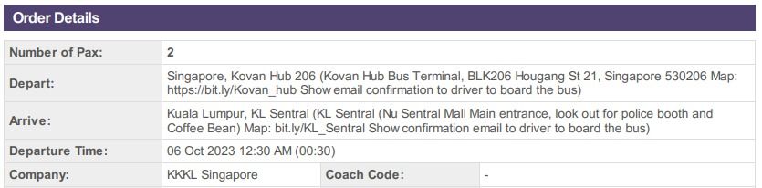 2-WAY BUS TICKETS (2pax): 6 OCT'23 SIN-KL Sentral, 8 OCT'23 KL Sentral ...
