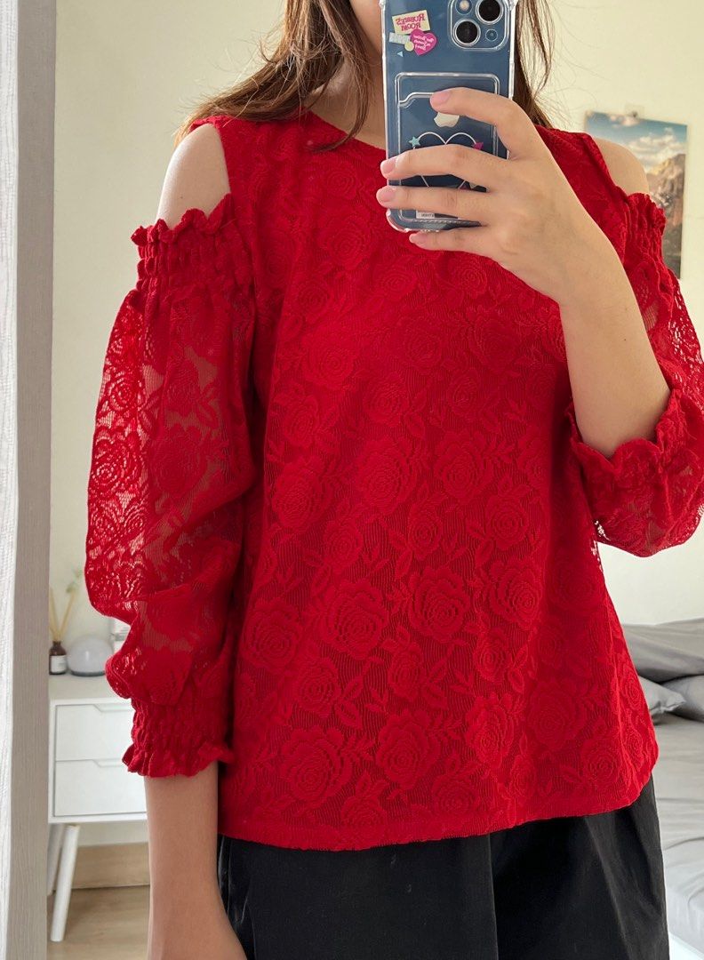 Atasan Brokat Sabrina Merah on Carousell