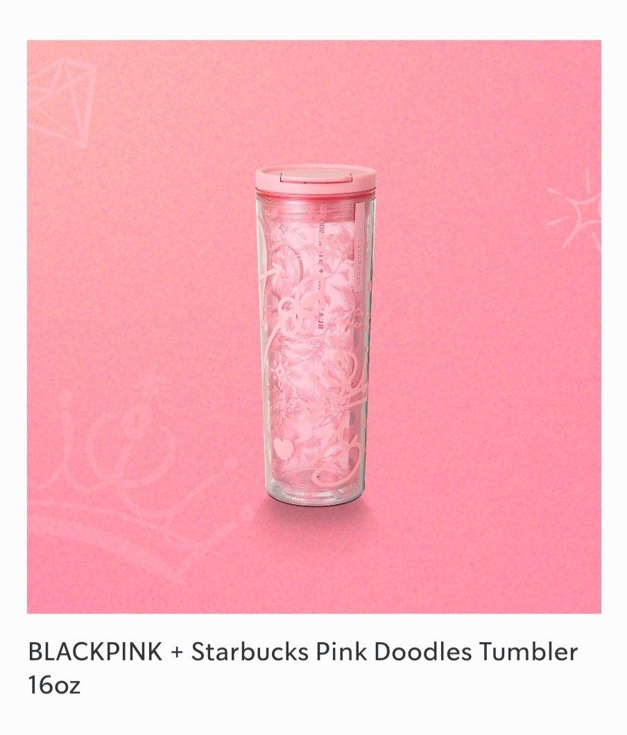 BlackPink x Starbucks Pink Doodles Tumbler 16oz, Furniture & Home ...