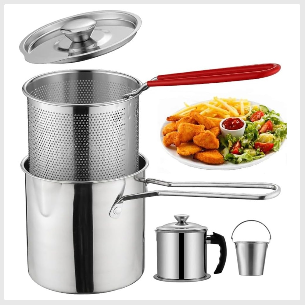Deep Fryer Pot 304 Stainless Steel Frying Pan with Strainer Basket and ...