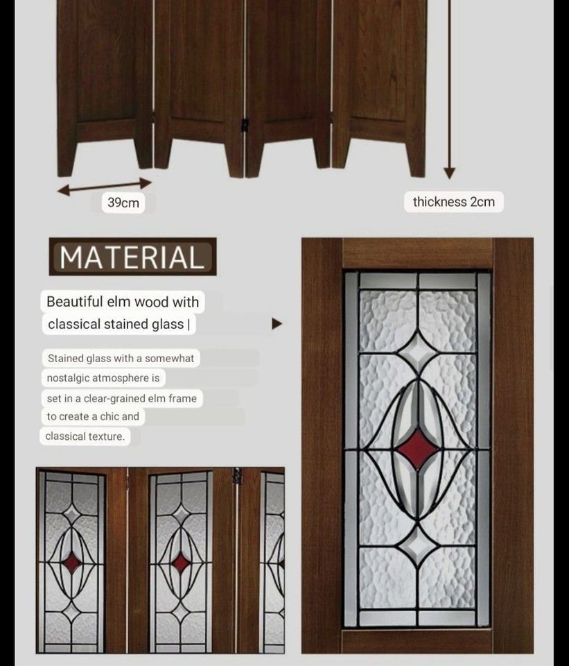 Elm Wood Luxury Antique-style stained glass 3 panel partition room ...