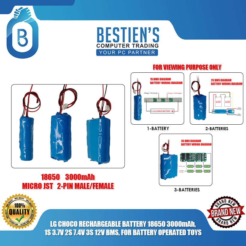 LG CHOCO RECHARGEABLE BATTERY 18650 3000mAh, 1S 3.7V 2S 7.4V 3S 12V BMS, FOR BATTERY OPERATED ...