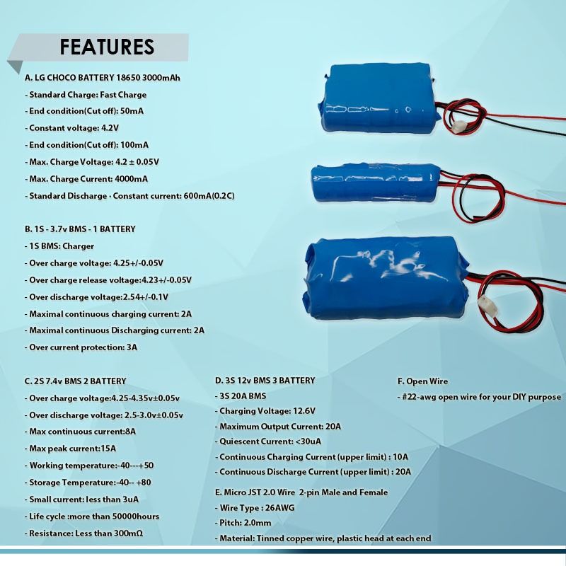 LG CHOCO RECHARGEABLE BATTERY 18650 3000mAh, 1S 3.7V 2S 7.4V 3S 12V BMS ...