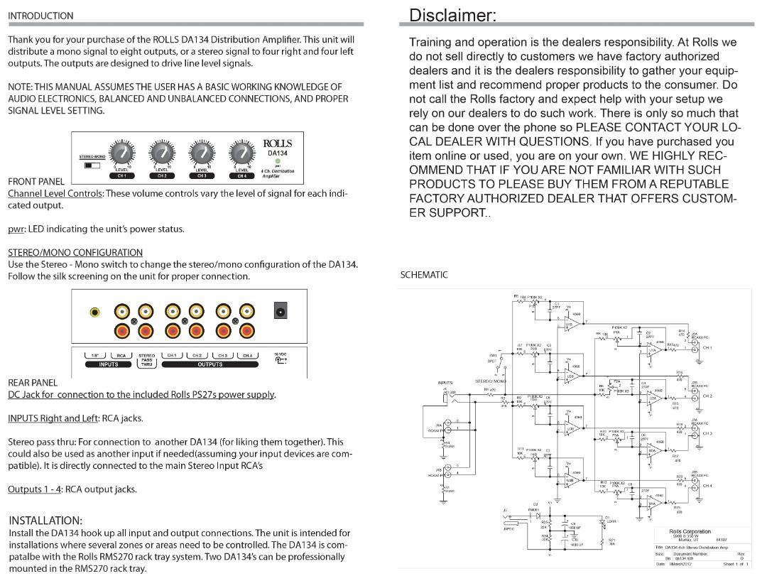 ROLLS DA134 4 CHANNEL RCA AUDIO DISTRIBUTION AMPLIFIER, Audio ...