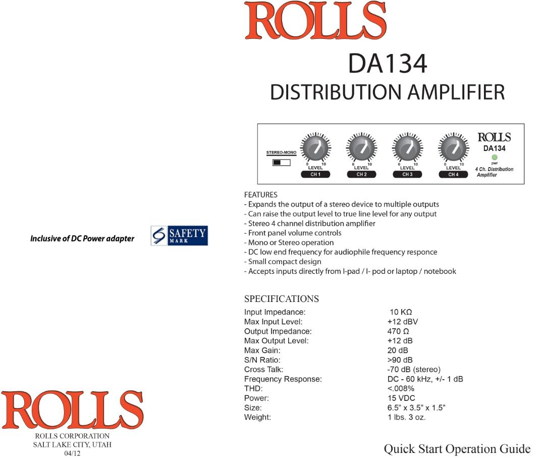 ROLLS DA134 4 CHANNEL RCA AUDIO DISTRIBUTION AMPLIFIER, Audio ...