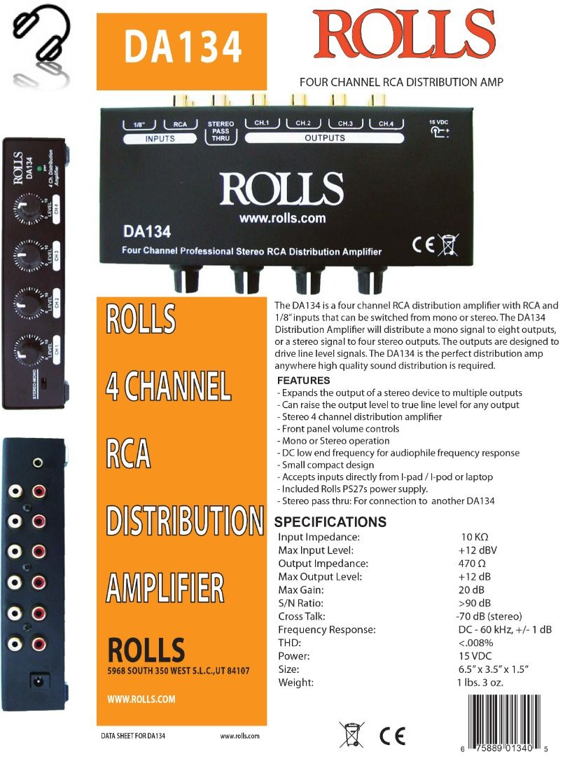ROLLS DA134 4 CHANNEL RCA AUDIO DISTRIBUTION AMPLIFIER, Audio ...