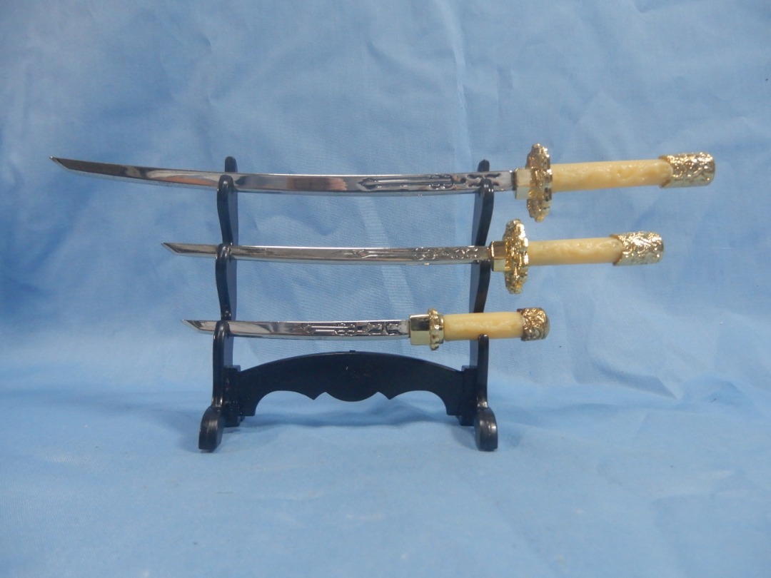 Set of 3 Japanese katana swords miniature on display stand home decor ...