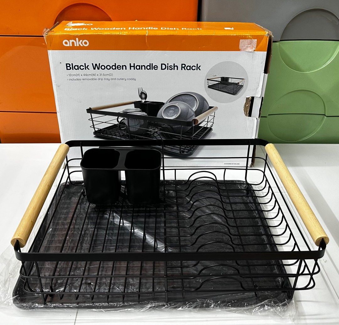 Anko Wooden Handle Dish Rack, Black on Carousell