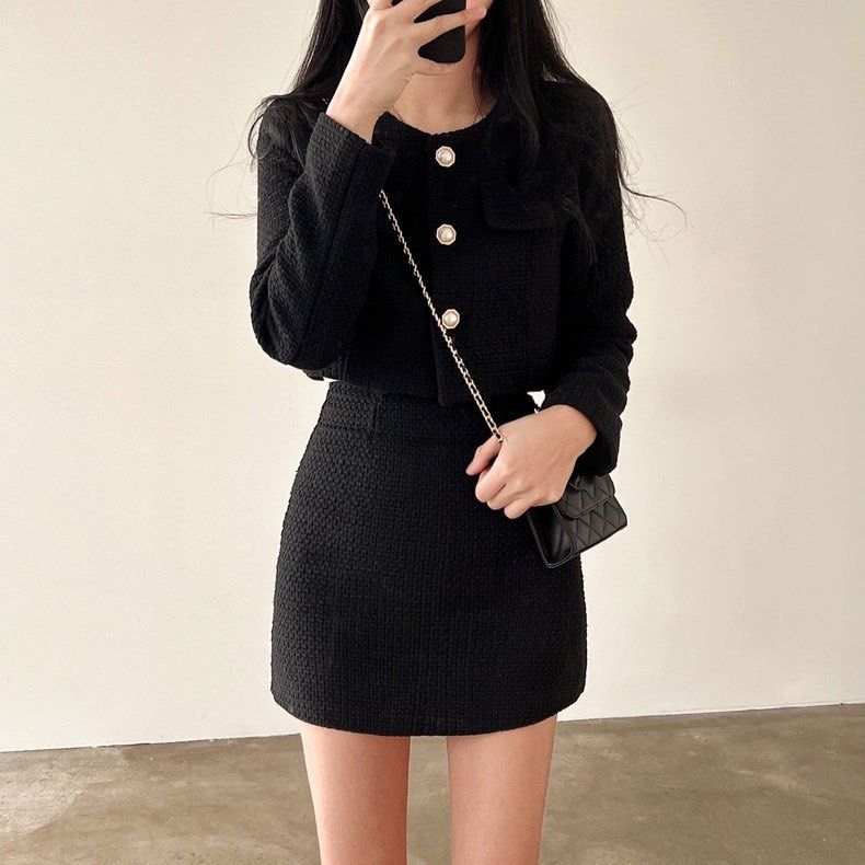 Black tweed blazer and skirt set, Women's Fashion, Dresses & Sets, Sets ...