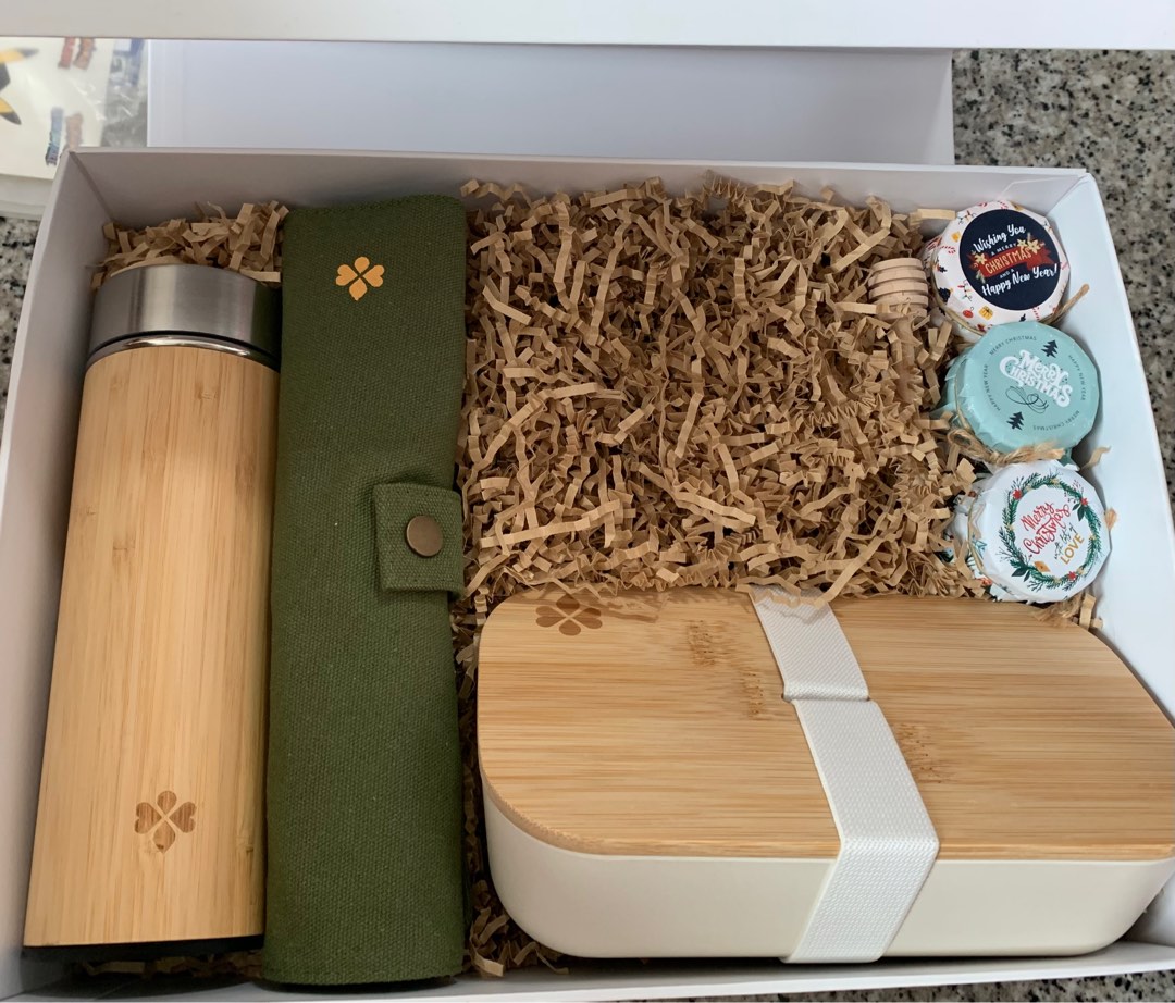 bottle flask, cutlery set, and lunch box gift set with honey, Furniture ...
