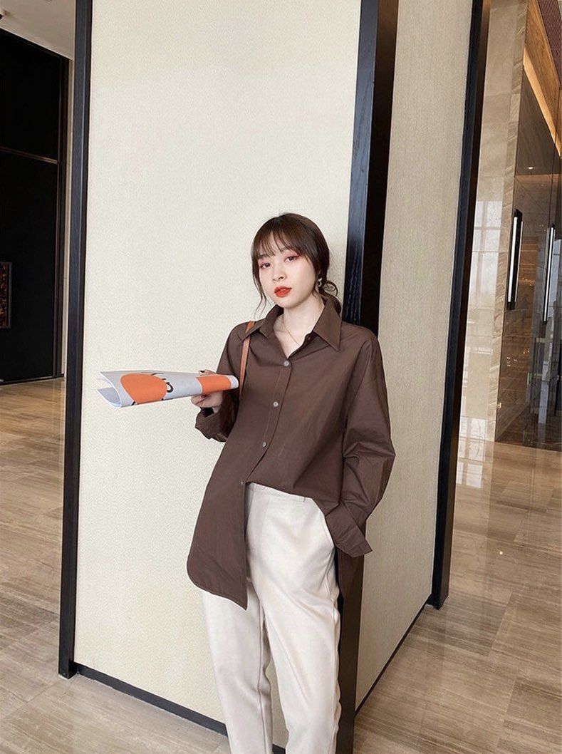 Brown collared shirt, Women's Fashion, Tops, Shirts on Carousell