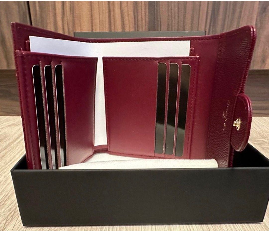 Chanel burgundy trifold wallet, Luxury, Bags & Wallets on Carousell