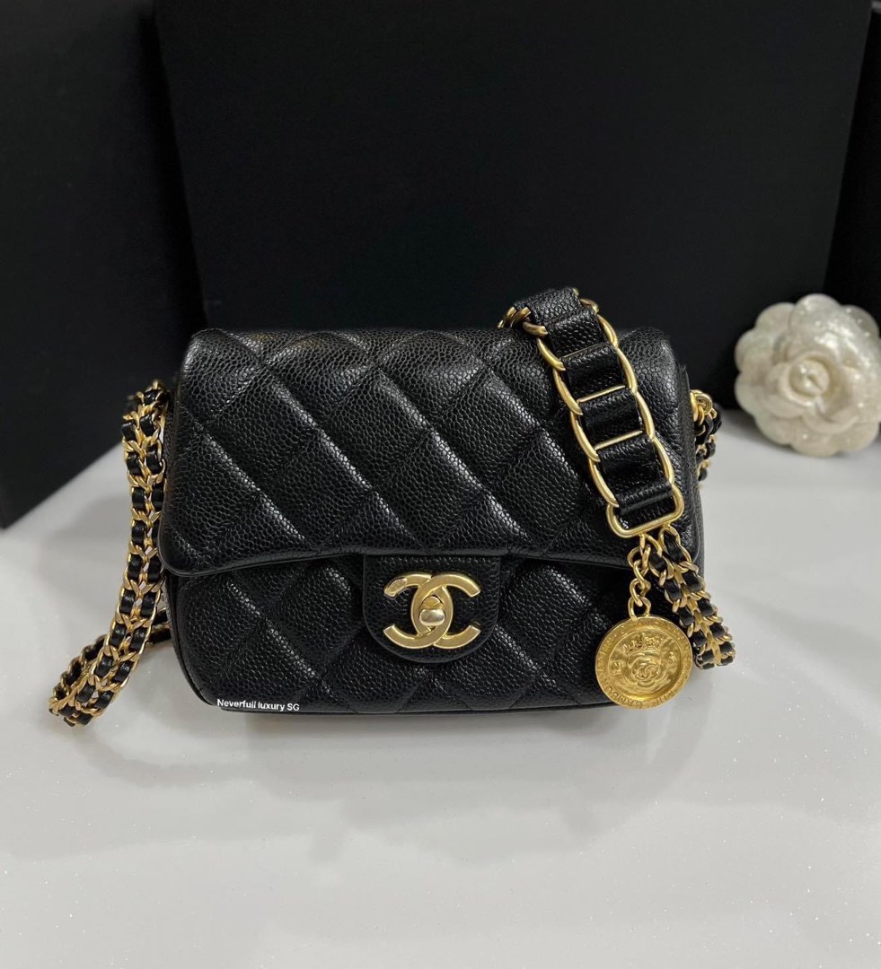 Chanel Mini 21A Medallion Soul Flap Bag in Black Caviar AGHW, Luxury ...