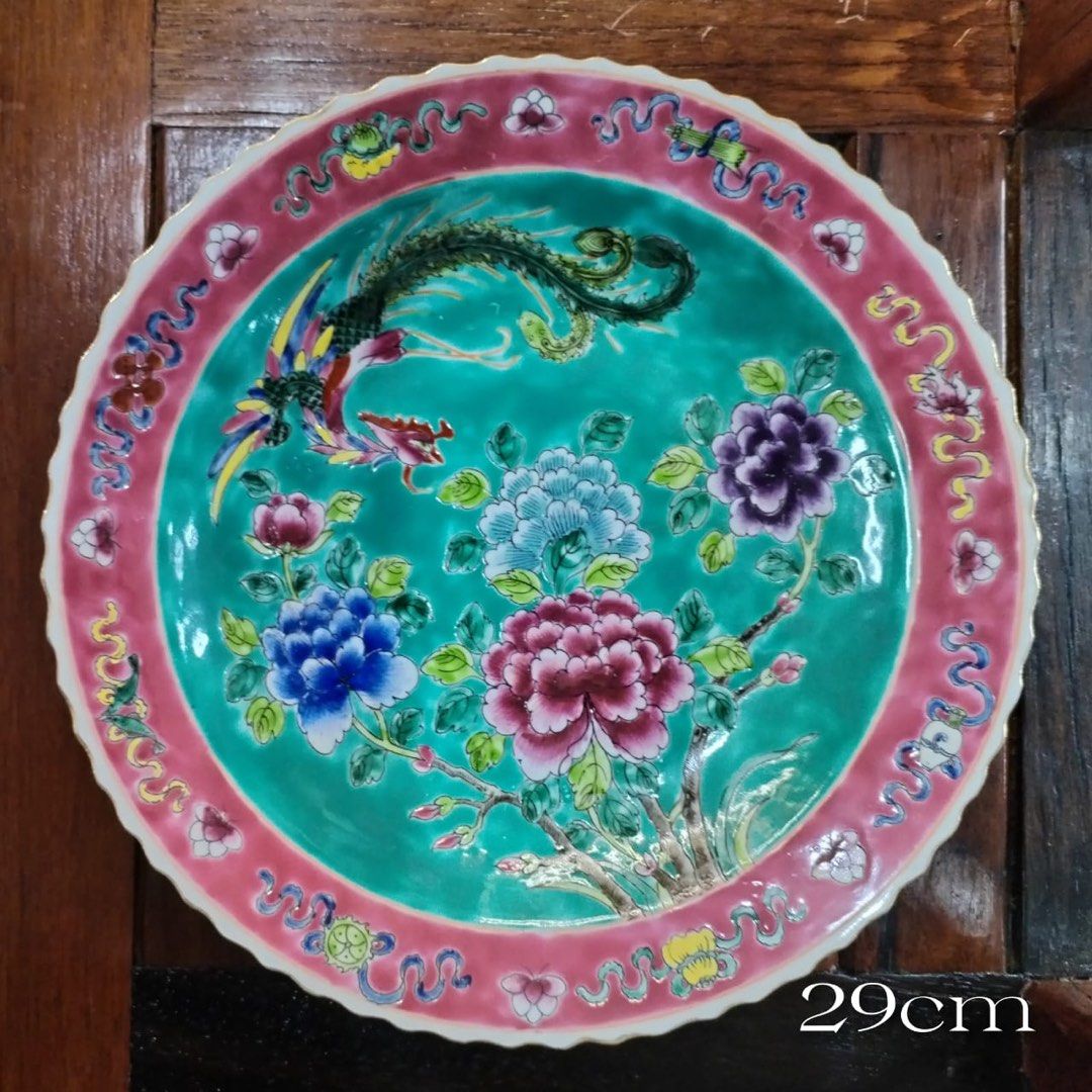 Fine Peranakan Dinning Plates- Green (Scalloped Trim), Furniture & Home ...