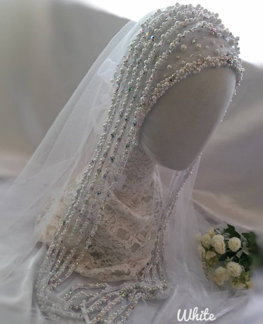 Jilbab cadar Nikah mutiara Wedding Handmade Mutiara Putih, Fesyen ...