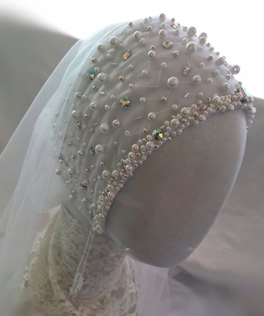 Jilbab cadar Nikah mutiara Wedding Handmade Mutiara Putih, Fesyen ...