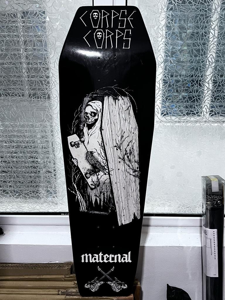 VTG CORPSE CORPS X MATERNAL 10” SKELETON GUITAR COFFIN DECK SKATEBOARD ...