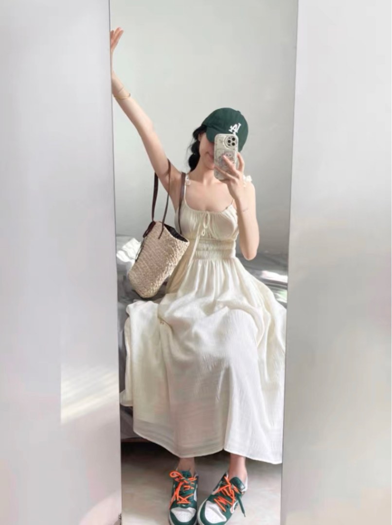 white ruched summer korean cottage core dress, Women's Fashion, Dresses ...