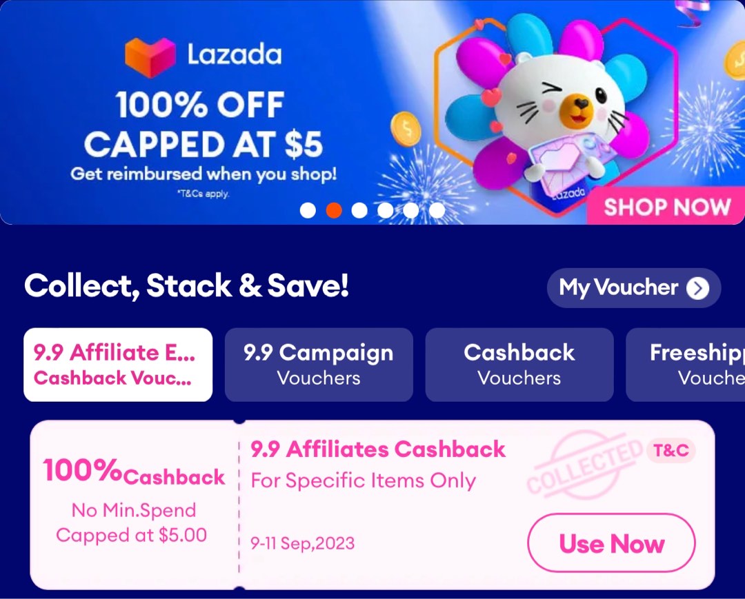 Lazada $5 100% cashback voucher, Tickets & Vouchers, Vouchers on Carousell