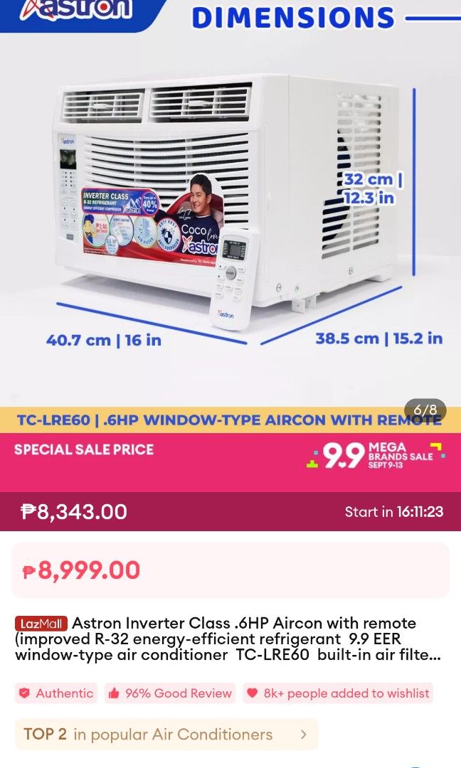 Astron "inverter class" (R32 refrigerant) 0.6HP window-type aircon with ...