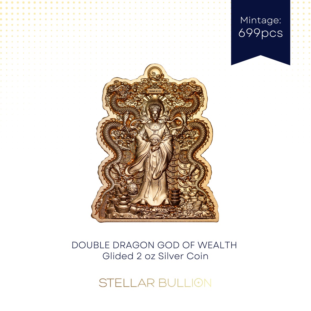 DOUBLE DRAGON GOD OF WEALTH Gold Glided 2 oz Silver Coin (699pcs) *PRE ...