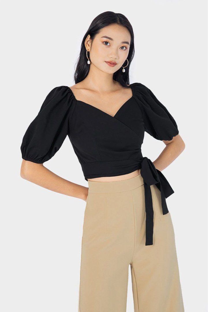 ELIAS WRAP TIE-SASH TOP #MADEBYLOVET (BLACK), Women's Fashion, Tops ...