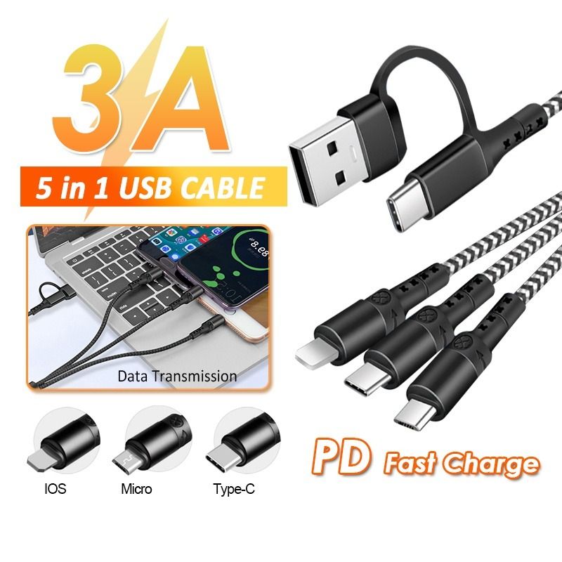 Fast USB Cable 5 in 1 USB Cable 3A PD Fast Charging Quick charging 2 ...