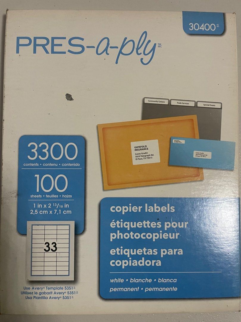 PRES-a-ply White sticker 3300 Labels White, 33/Sheet 100 Sheets/Box on ...