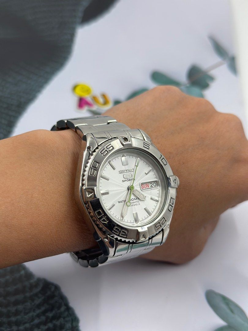 Seiko 5 Sports 100M 23Jewel Automatic All Steel White Face Dial ...