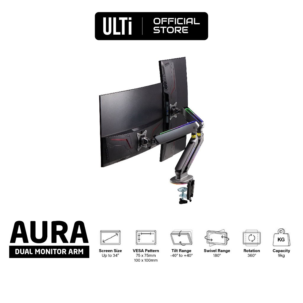 ULTi AURA RGB Dual Monitor Arm - Compatible with most 34 inch Monitors ...