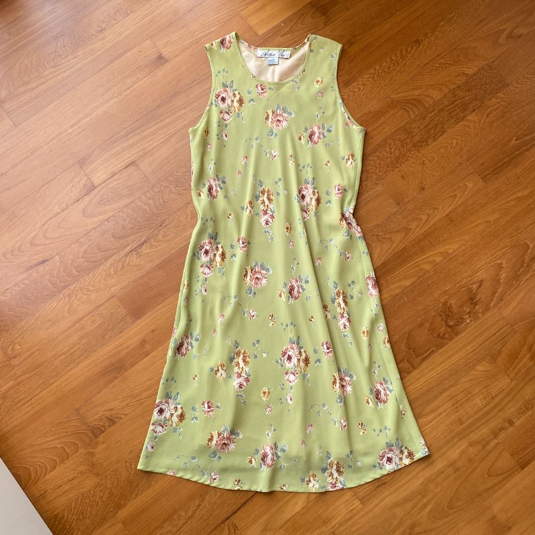 Vintage 90s Arthur Yen Green Floral Sun Dress, Women's Fashion, Dresses ...