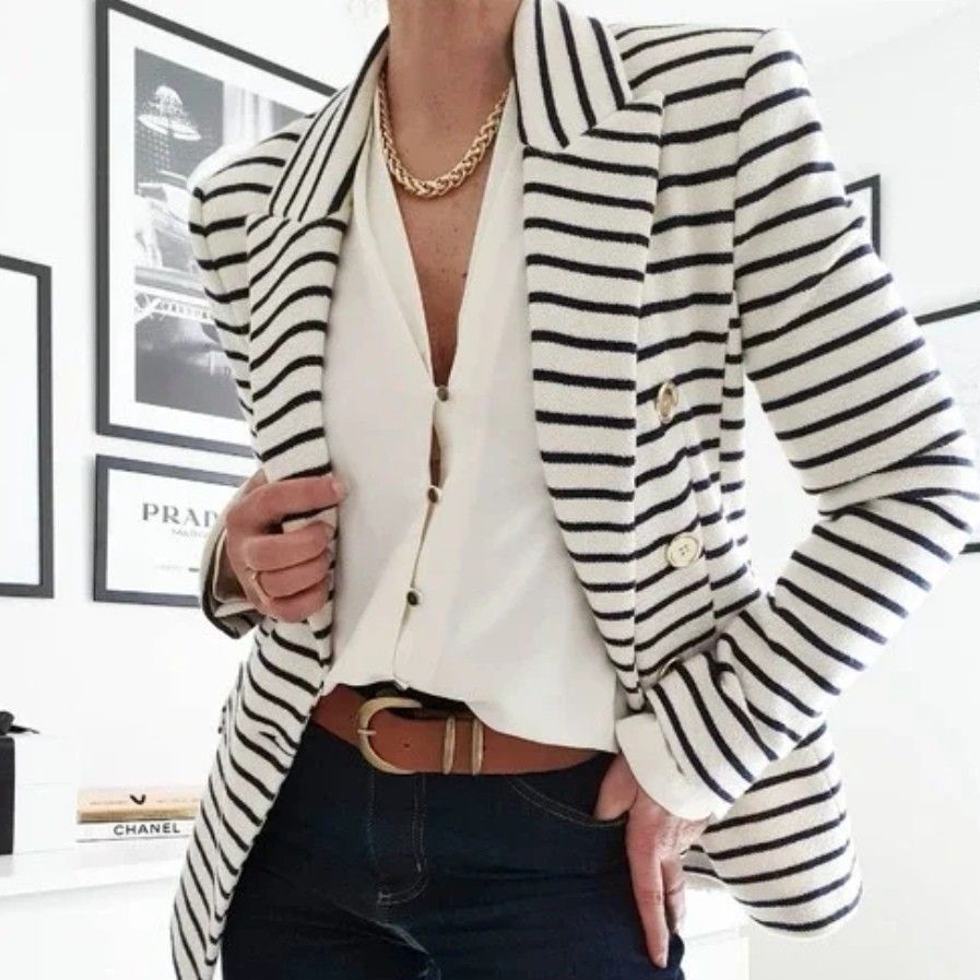 Zara Double Breasted Striped Blazer Peak Lapel Jacket Luxury Apparel