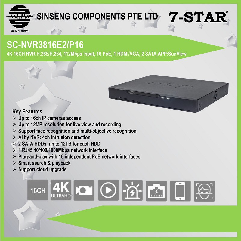 7-STAR* 4K 16CH NVR H.265/H.264, 112Mbps Input, 16 PoE, 2 SATA, Support ...