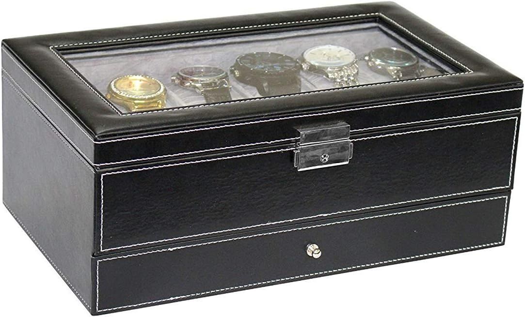 AUTOARK Leather 12 Watch Box with Jewelry Display Drawer Lockable Watch ...
