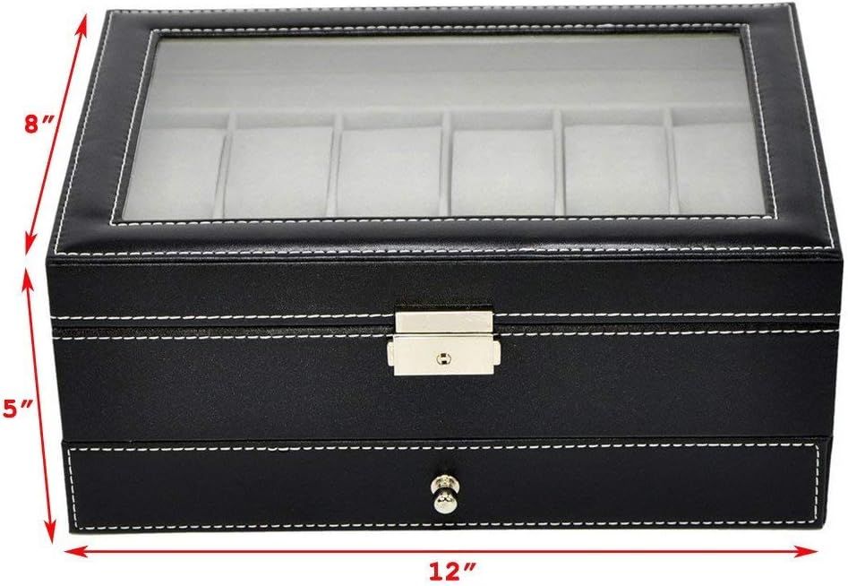 AUTOARK Leather 12 Watch Box with Jewelry Display Drawer Lockable Watch ...