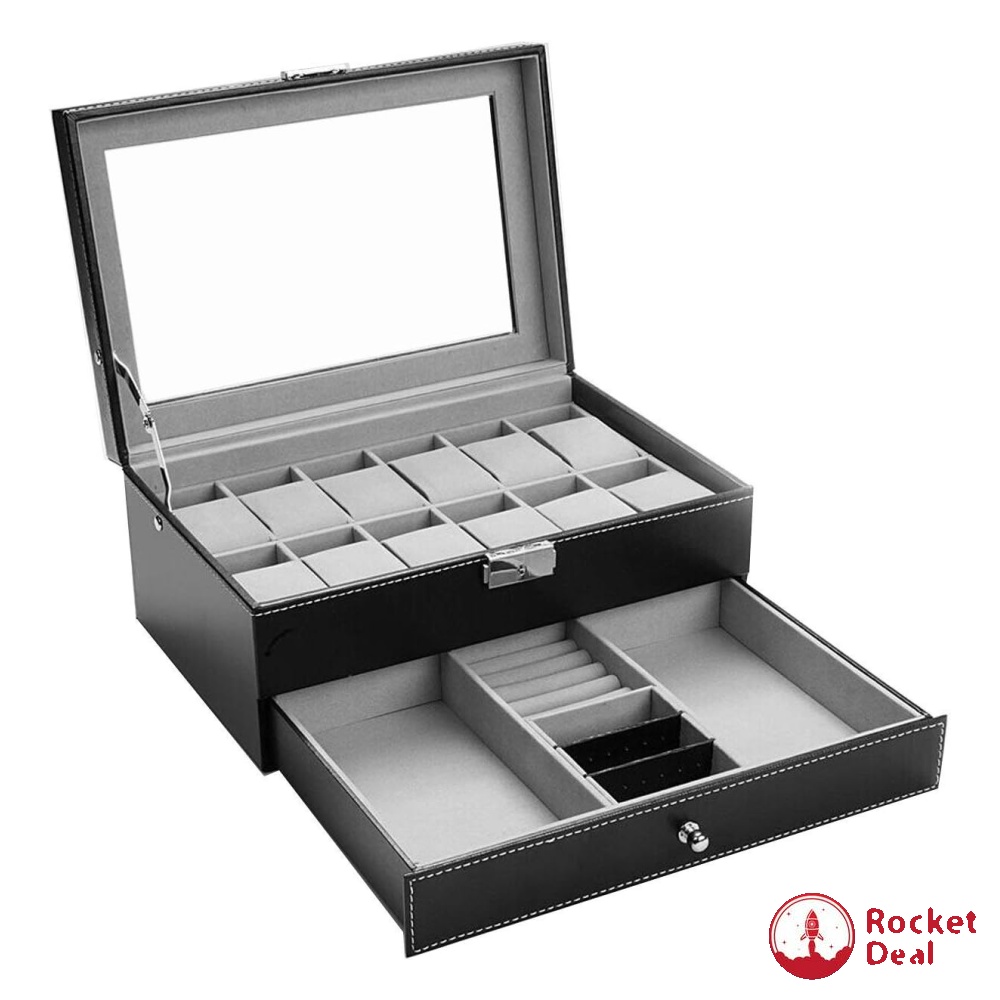 AUTOARK Leather 12 Watch Box with Jewelry Display Drawer Lockable Watch ...