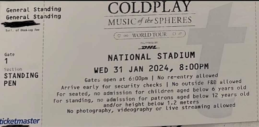 2x Coldplay Concert Ticket 31st Jan 2024 (General Standing), Tickets ...