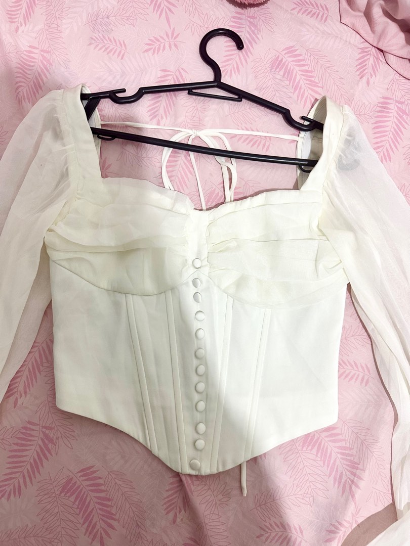 Corset w/ boning Mesh sleeves top, Women's Fashion, Tops, Blouses on ...