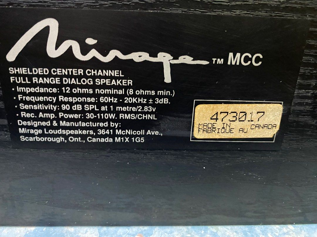 加拿大Mirage Mcc中置喇叭, 音響器材, Soundbar、揚聲器、藍牙喇叭、耳擴 - Carousell