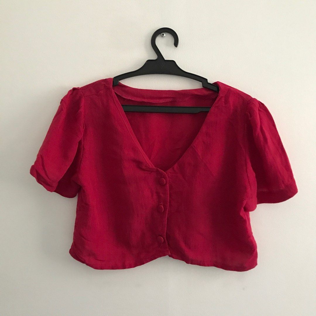 Modern Filipiniana Cropped Puff sleeves blouse cherry red crop top, Women's Fashion, Tops ...