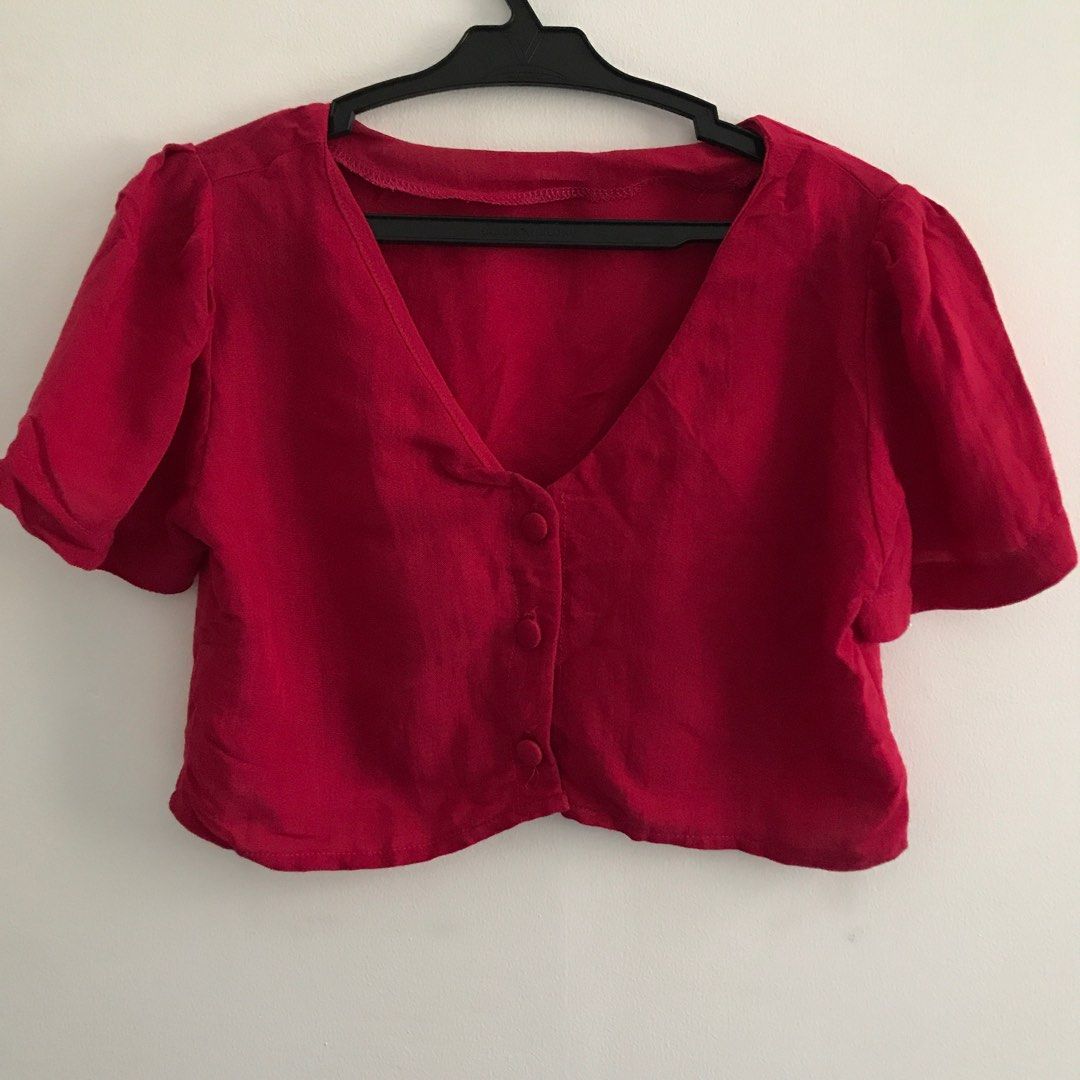 Modern Filipiniana Cropped Puff sleeves blouse cherry red crop top ...