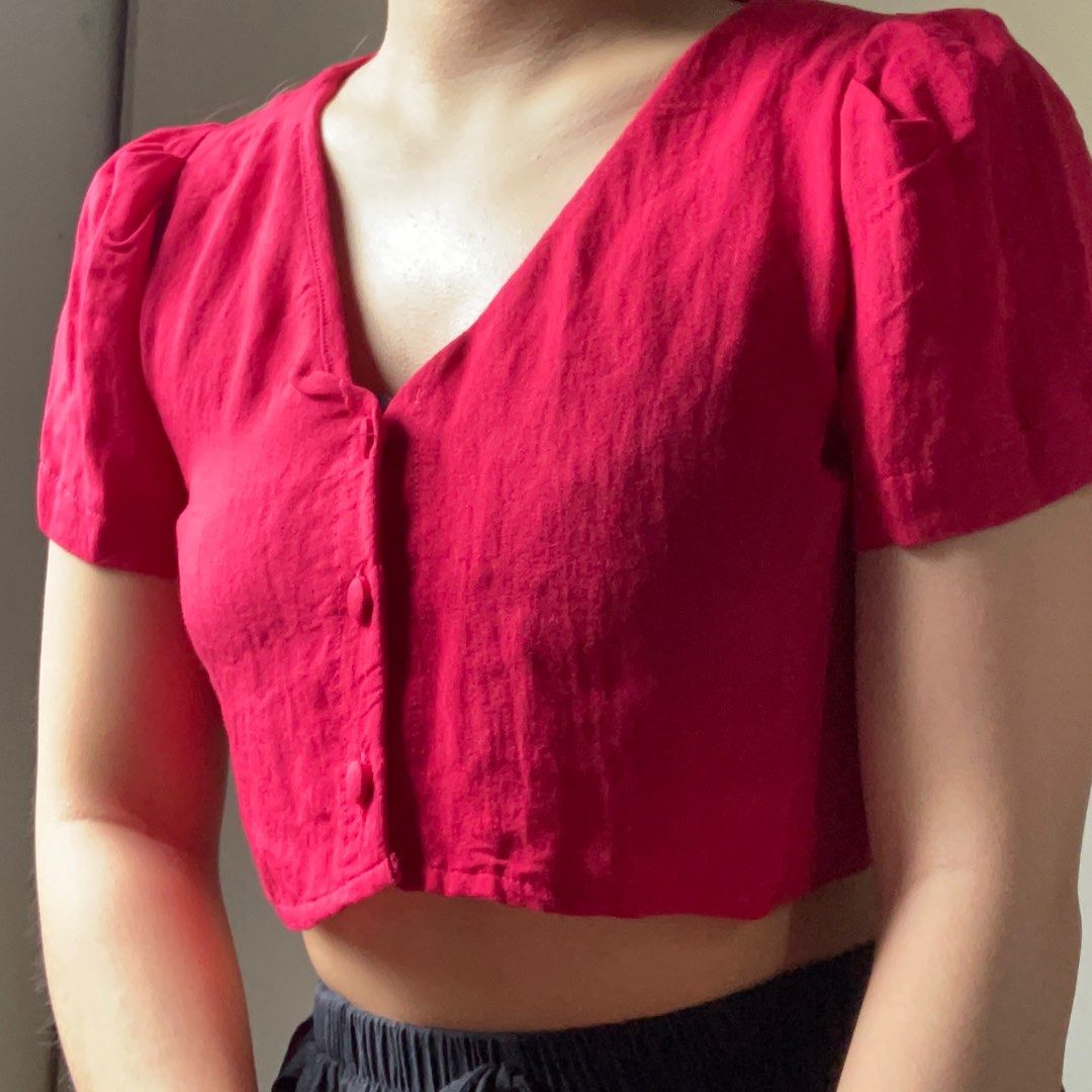Modern Filipiniana Cropped Puff sleeves blouse cherry red crop top ...