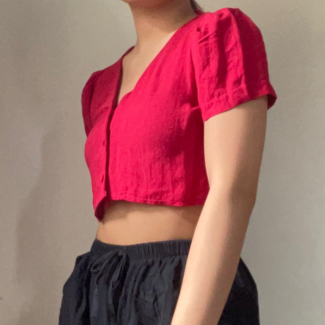 Modern Filipiniana Cropped Puff sleeves blouse cherry red crop top ...