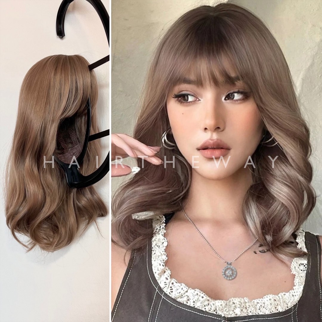NINA | Champagne Ash Brown Hair Wig Perm Medium Bob Bangs Fringe ...