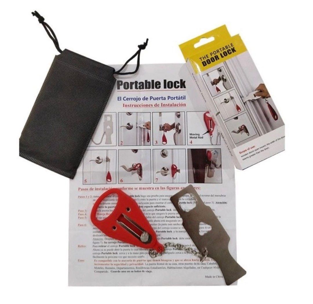 PORTABLE TRAVEL DOOR LOCK (NO DRILL) (ANTI THEFT SECURITY PRIVACY HOTEL ...