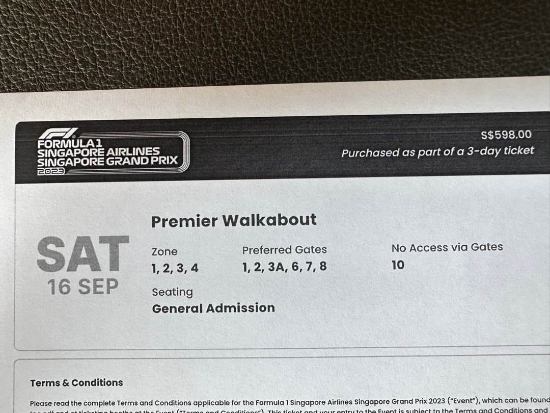 Singapore F1 Grandprix Sat Premier Walkabout Ticket, Tickets & Vouchers, Event Tickets on Carousell