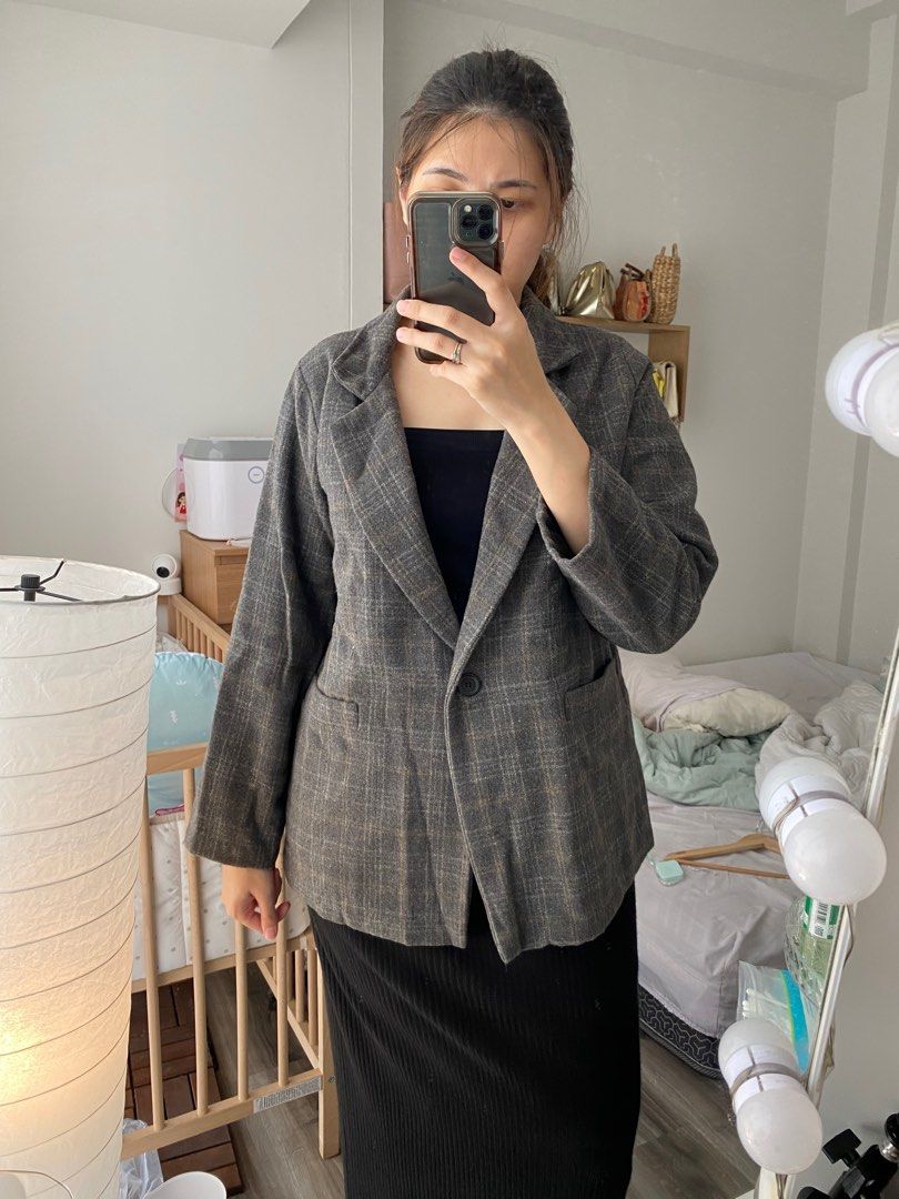 Super premium woll Grey Blazer oversize / winter blazer tartan grey abu kotak kotak import korea ...